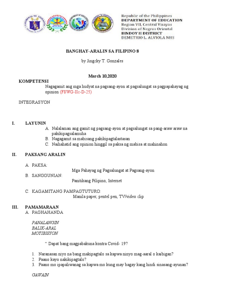 BANGHAY SA FILIPINO 8 by Jingcky | PDF