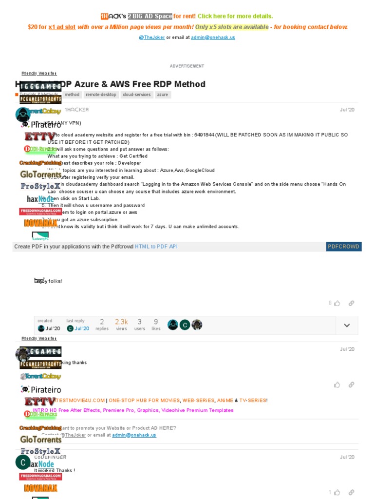 How To - RDP Azure & AWS Free RDP Method: For Rent! For x1 Ad Slot With Over A Million Page ...