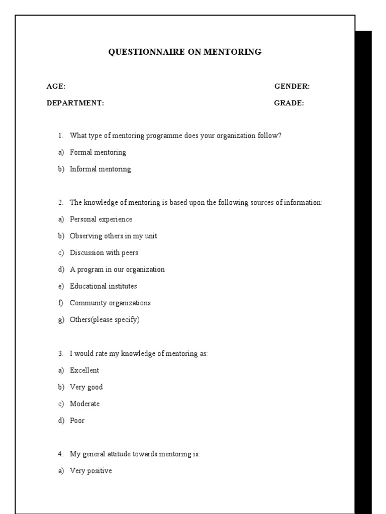 Questionnaire On Mentoring | PDF | Mentorship | Learning