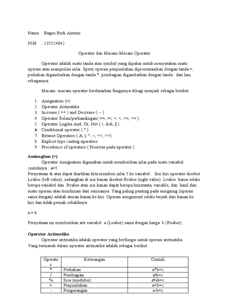 Operator Dan Macam Tugas | PDF