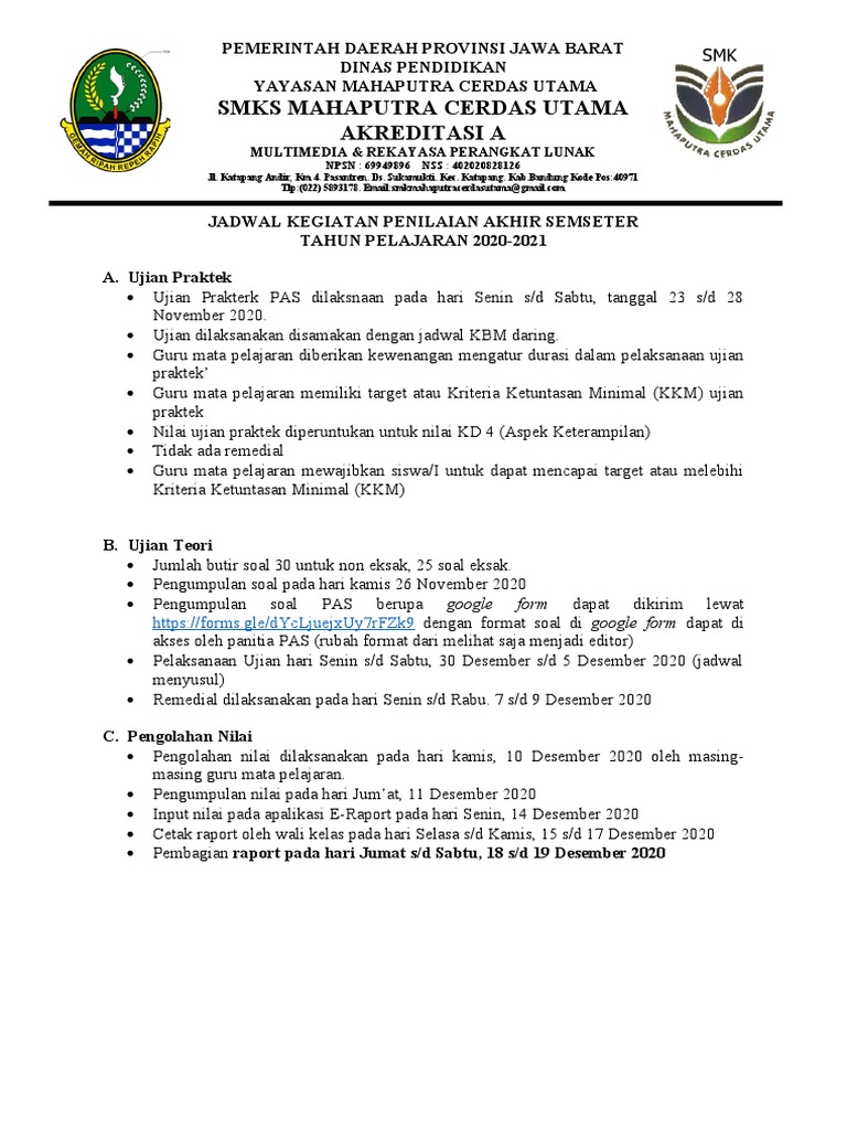 Jadwal Kegiatan Pas 2020-2021 | PDF