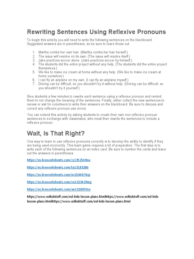 Rewriting Sentences Using Reflexive Pronouns | PDF