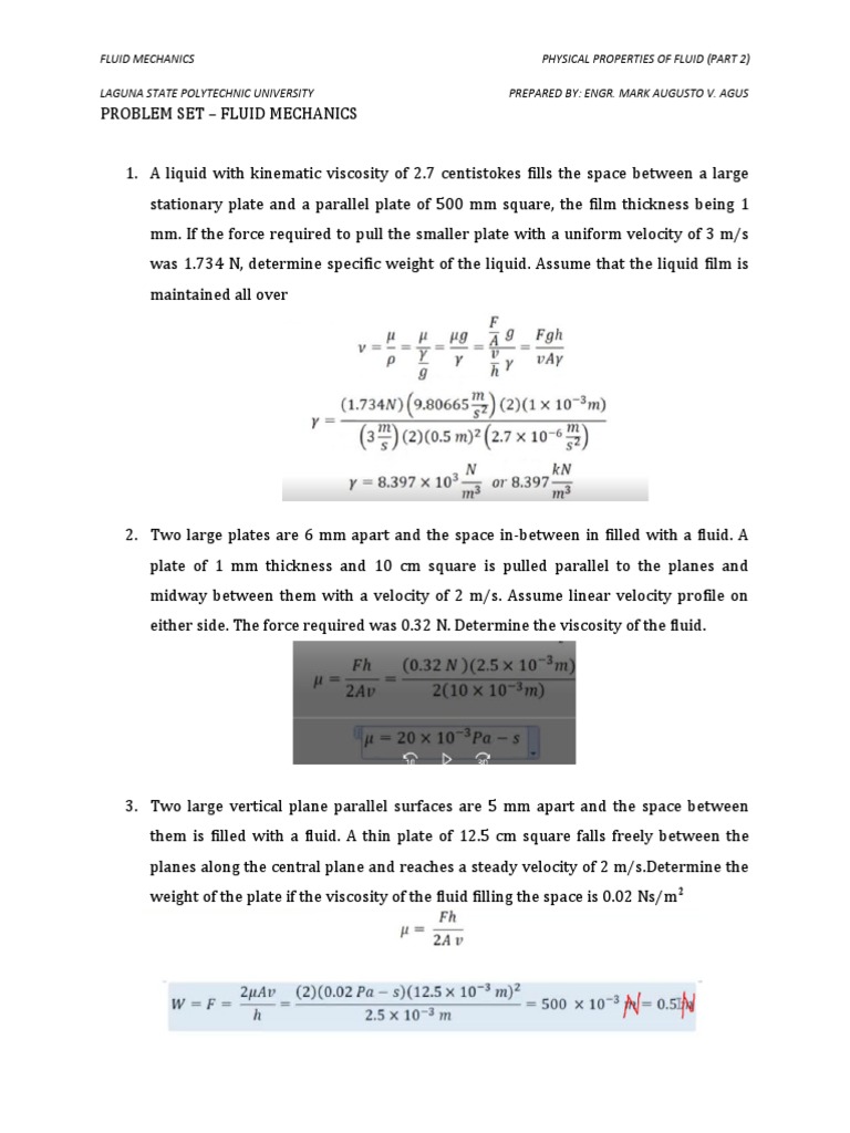 Fluid Mechanics Viscosity Problem Set | PDF | Pressure | Viscosity