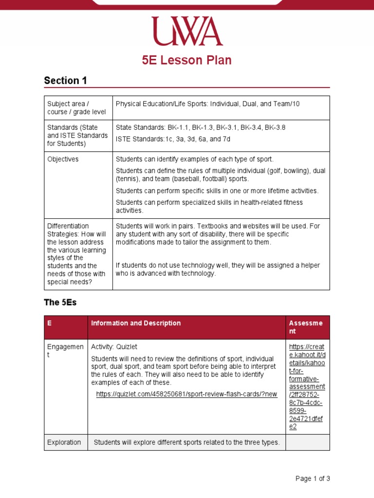 5E Lesson Plan for Physical Education | PDF | Lesson Plan | Human Nature