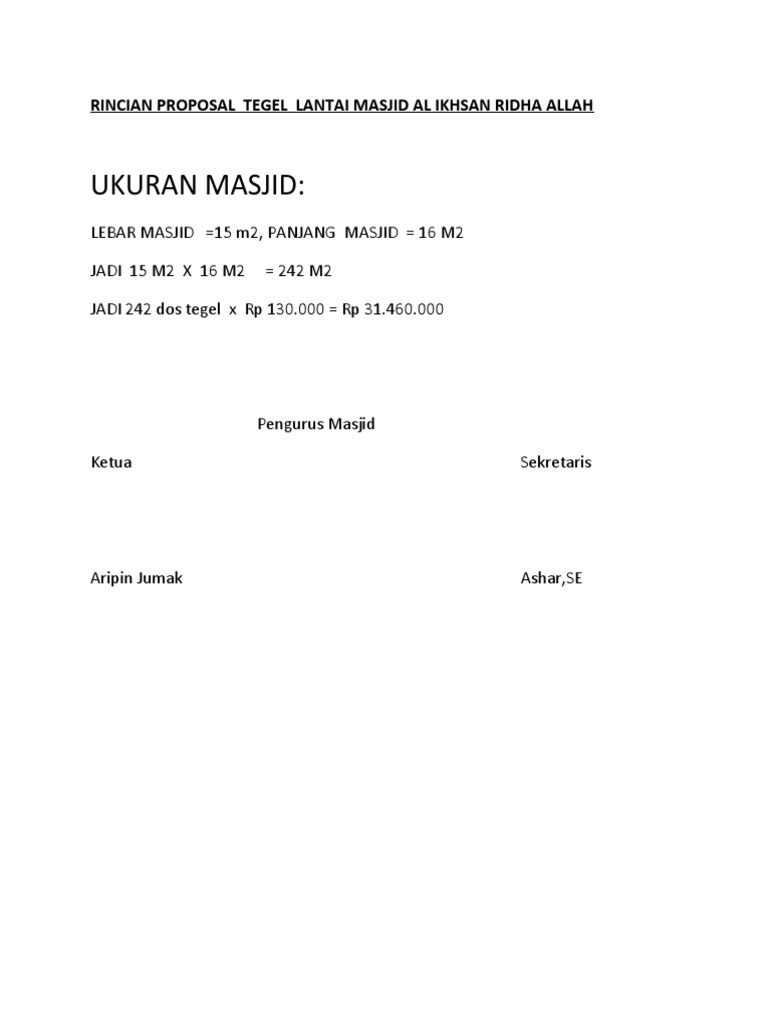 Rincian Proposal Tegel Lantai Masjid Al Ikhsan Ridha Allah | PDF