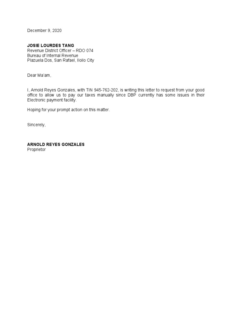 Letter To Bir - Efps Manual Payment | PDF