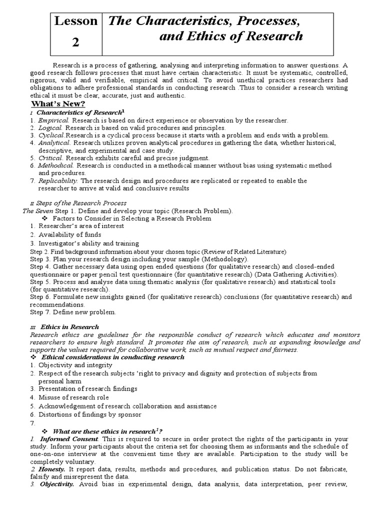 Lesson 2: The Characteristics, Processes, and Ethics of Research | PDF | Science | Survey