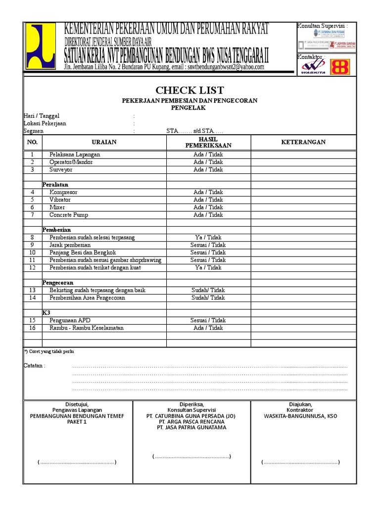 Checklist Pengelak Cor Dan Besi Dinding Tengah | PDF