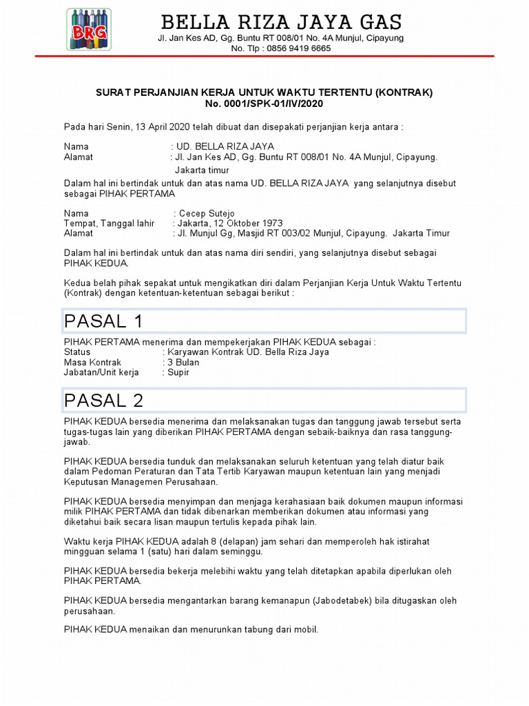 Kontrak Kerja Supir UD Bella Riza | PDF