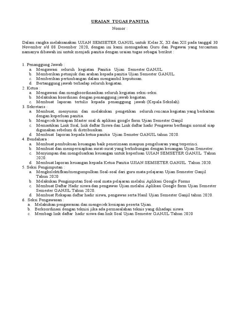 Tugas Panitia Ujian Semester | PDF