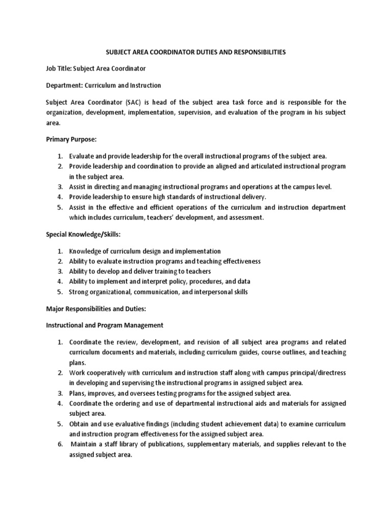 Subject Area Coordinator Responsibilities | PDF | Curriculum | Teachers