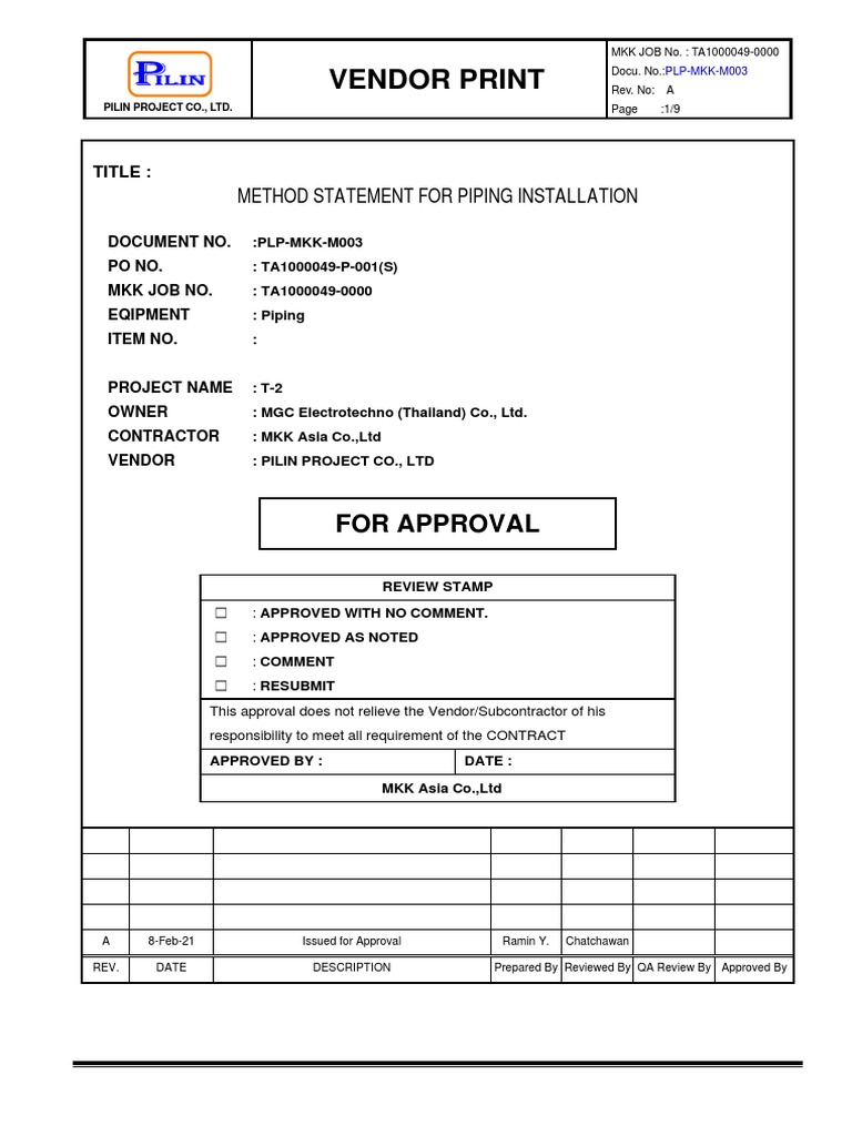 Method Statement for Piping Installation | PDF | Pipe (Fluid Conveyance ...