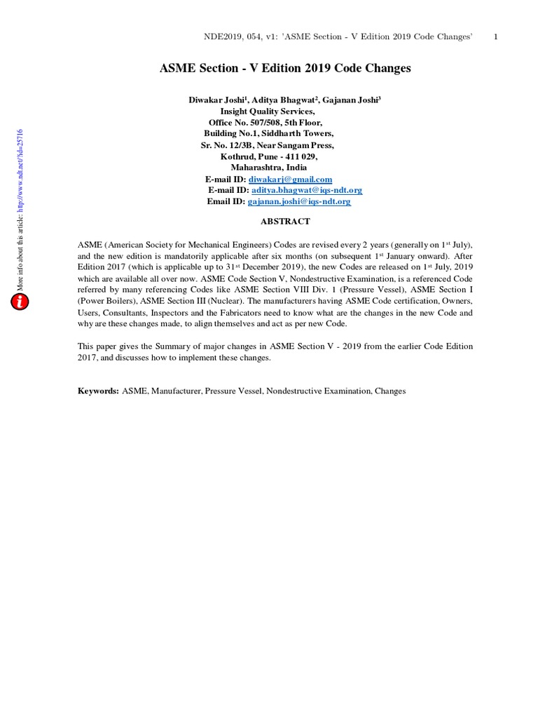 NDE2019, 054, v1: 'ASME Section - V Edition 2019 Code Changes' 1 | PDF ...