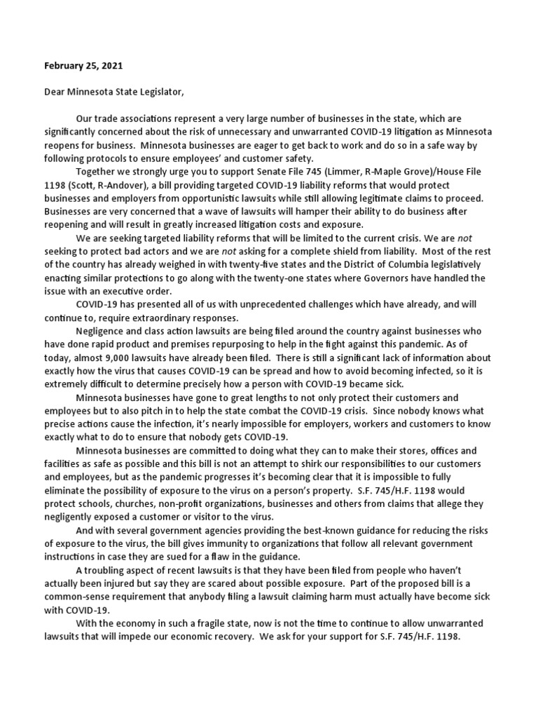 COVID Immunity Support Letter - From MNFLR | PDF | Minnesota | Lawsuit