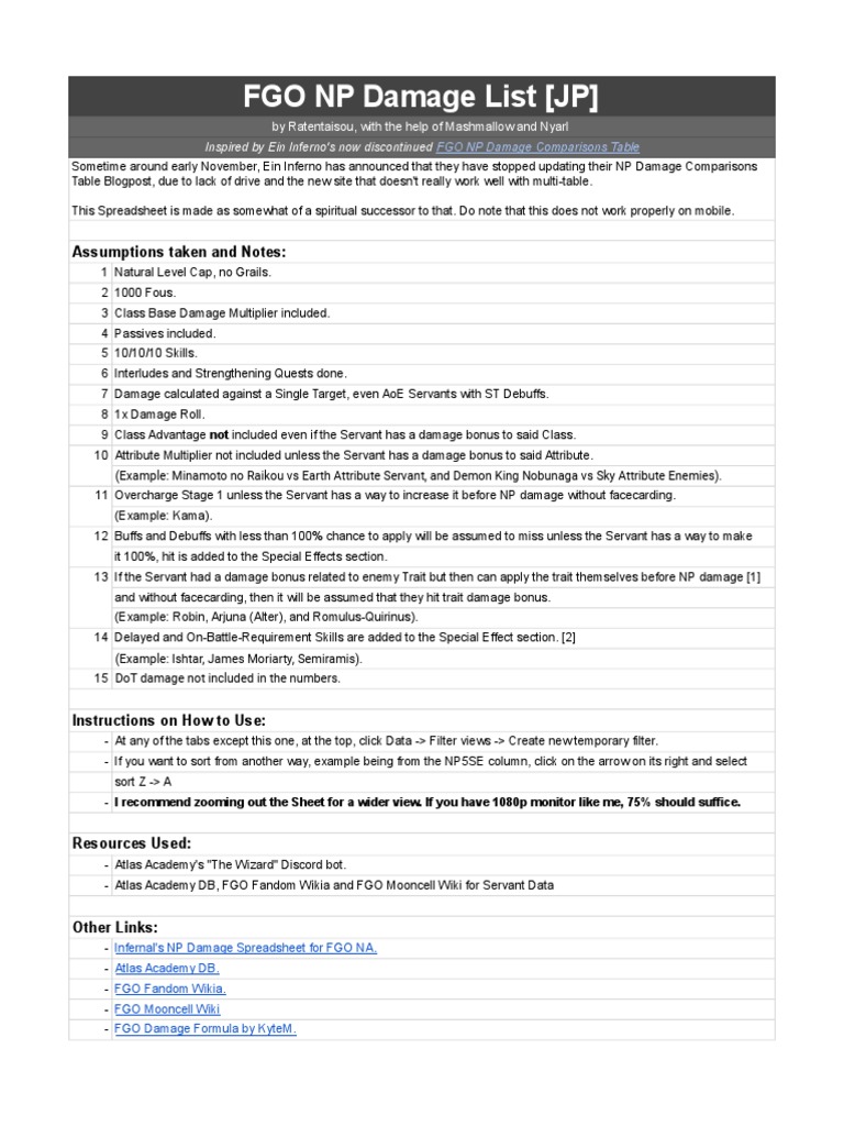 FGO JP NP Damage Comparison Spreadsheet | PDF