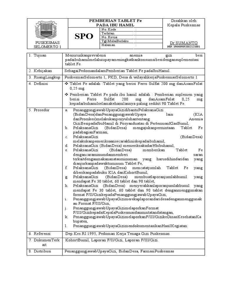 SOP Pemberian Tablet Fe Pada Ibu Hamil | PDF