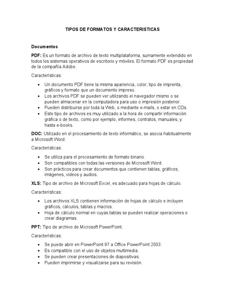 Tipos de Formatos y Caracteristicas | PDF | Formatos de archivo de ...
