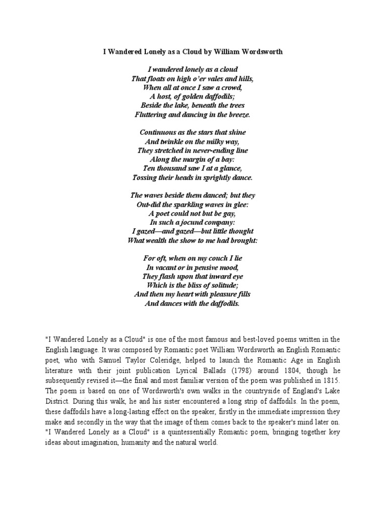 I Wandered Lonely As A Cloud by William Wordsworth | PDF | Poetry
