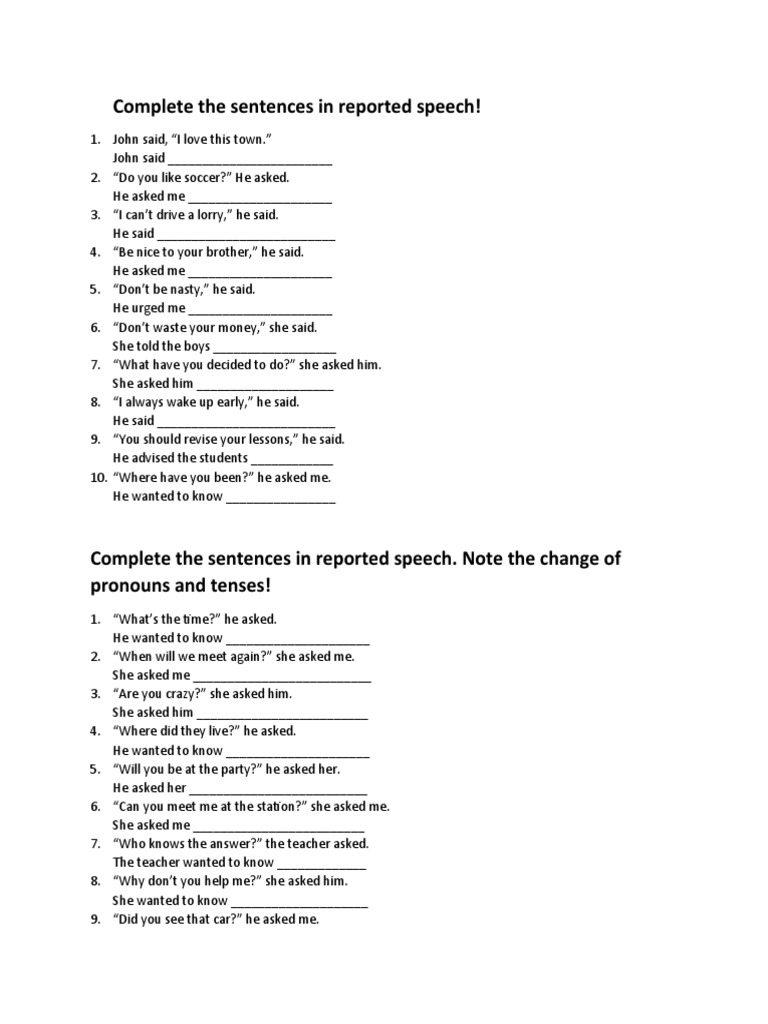 Reported Speech Sentence Completion | PDF | Syntax | Grammar