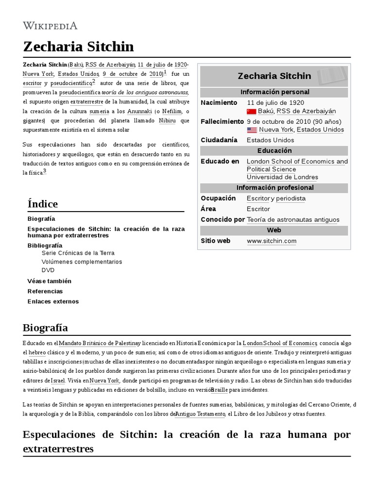 Zecharia Sitchin - Wikipedia Biografía | PDF | Zecharia Sitchin | Science