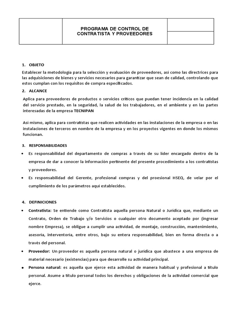 Programa de Control de Contratistas y Proveedores | PDF | Empresas ...