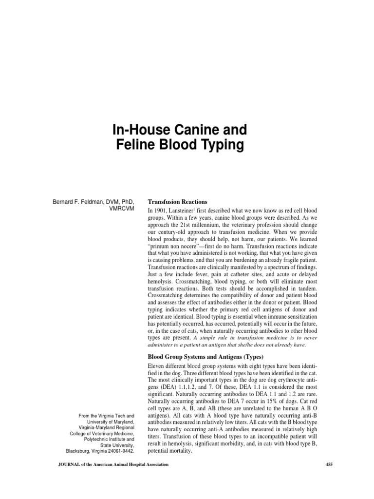In-House Canine and Feline Blood Typing: Bernard F. Feldman, DVM, PHD ...