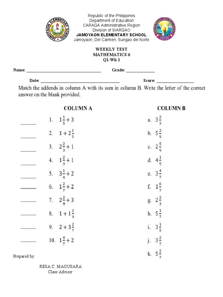 Weekly Test Mathematics 6 Q1-Wk 1 Name: - Grade: - Date: - Score | PDF