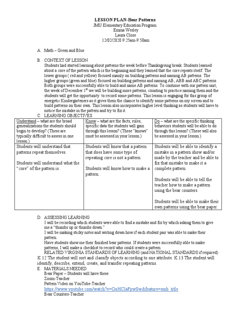 Bear Patterns Lesson Plan | PDF | Teachers | Education Theory