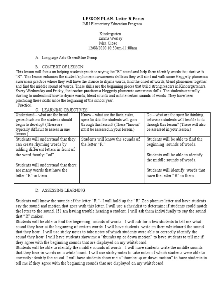 LESSON PLAN-Letter R Focus | PDF | Phonics | Syllable
