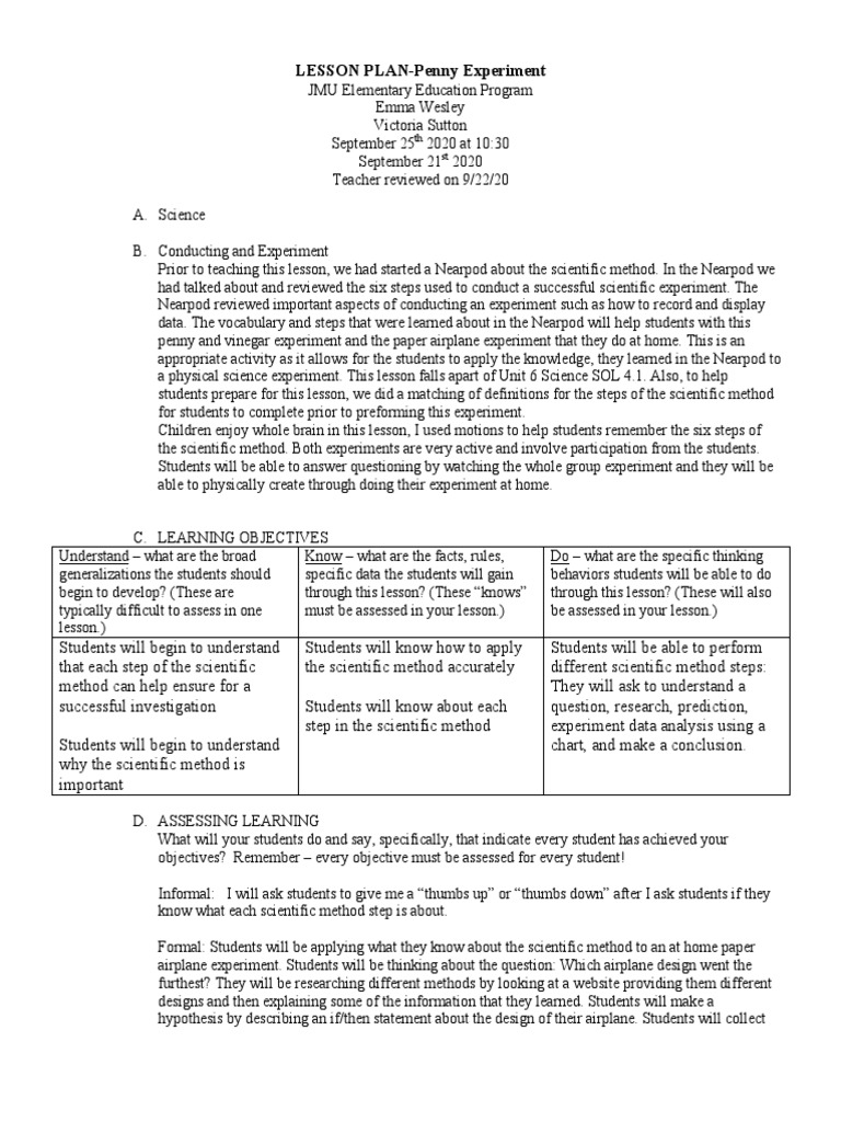 LESSON PLAN-Penny Experiment: TH ST | PDF | Scientific Method | Experiment