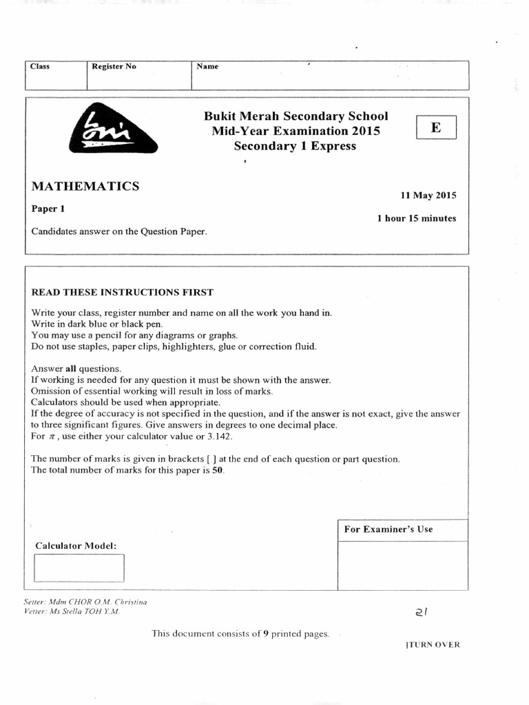 2015 Sec 1 Express Maths SA1 Bukit Merah | PDF