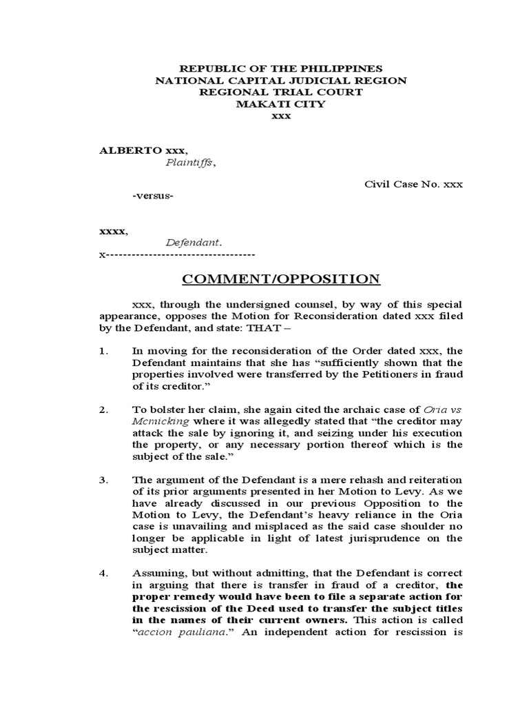 Sample Comment Opposition To MR | PDF | Lawsuit | Fraud