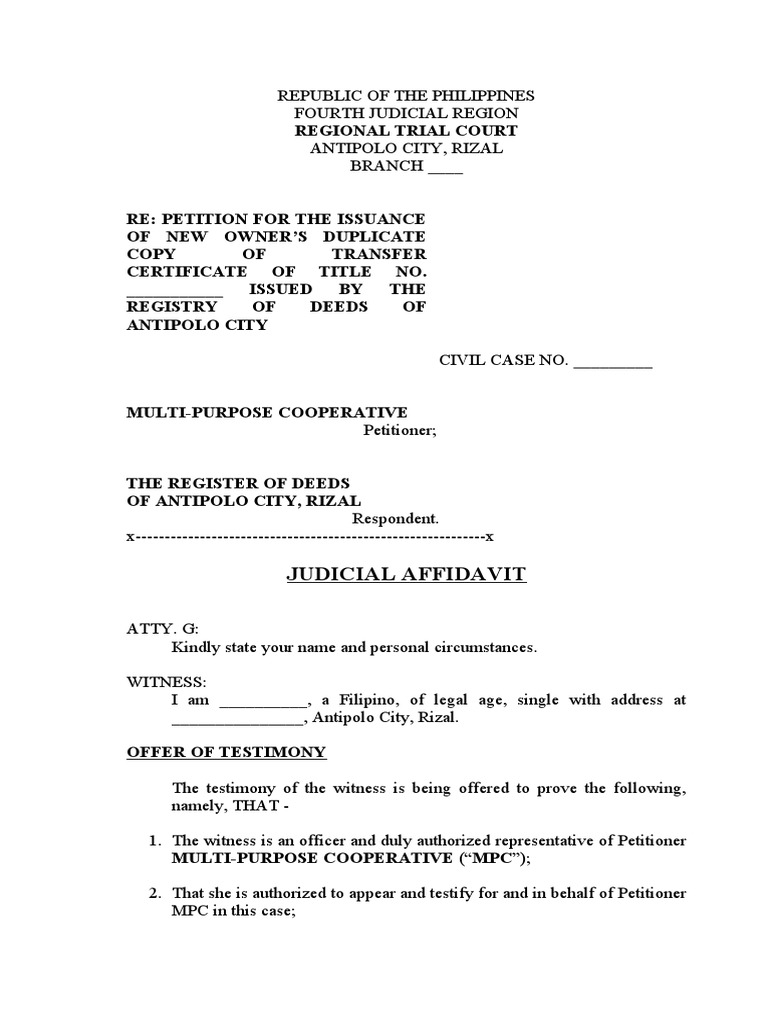 Judicial Affidavit for Title Reissuance | PDF | Witness | Testimony