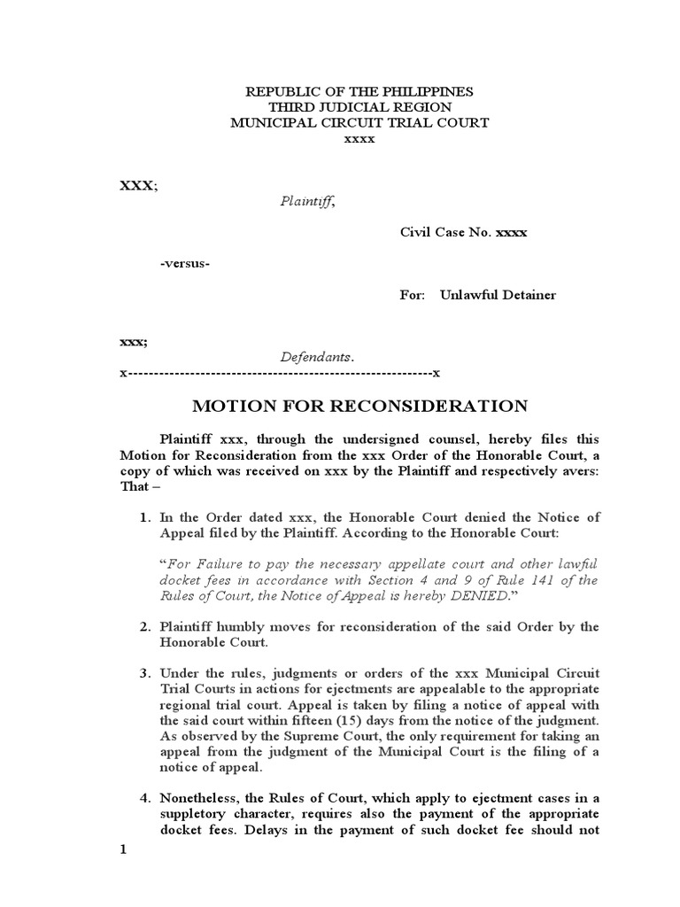 Sample SCRBD MR On Denial of Notice of Appeal Ejectment | PDF ...