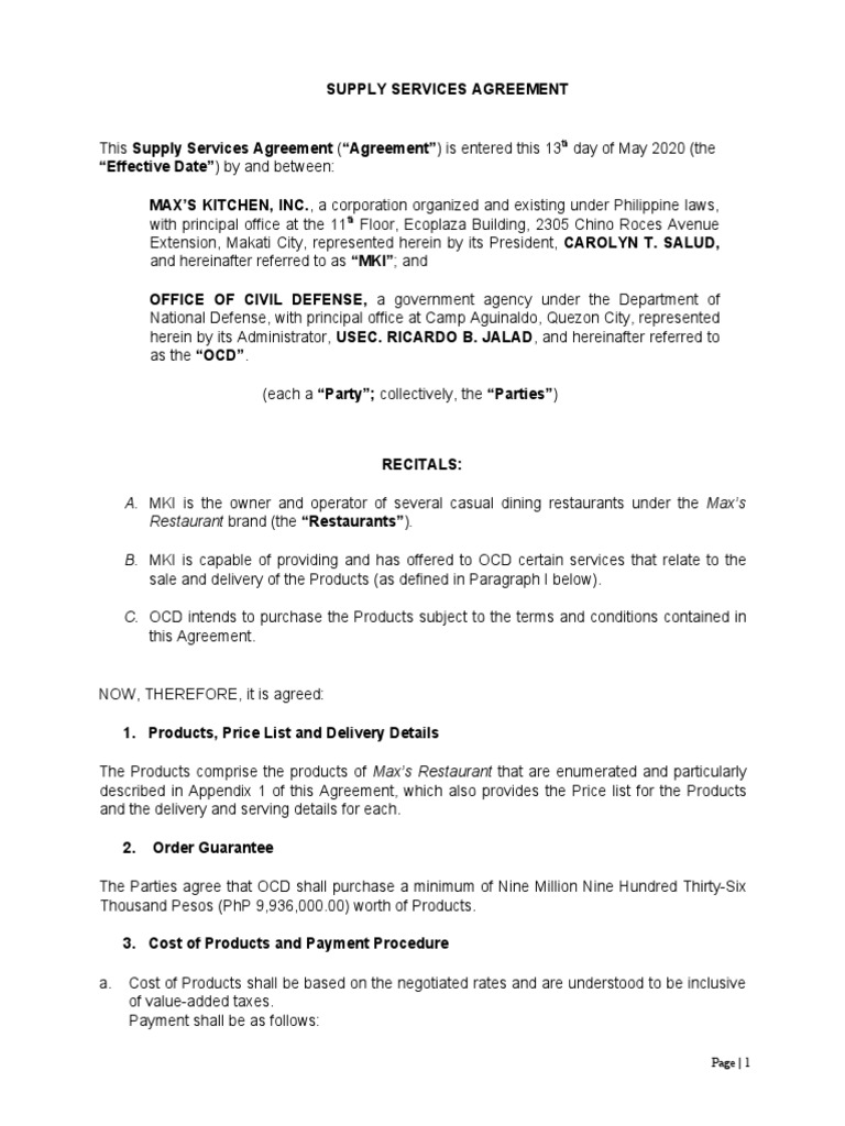 Sample Supply Service Agreement Bulk Order MKI OCD PHIL. ARENA 1 | PDF ...