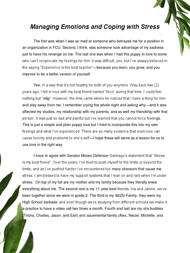 Reflective Essay Assignment #8 - Managing Emotions and Coping With ...