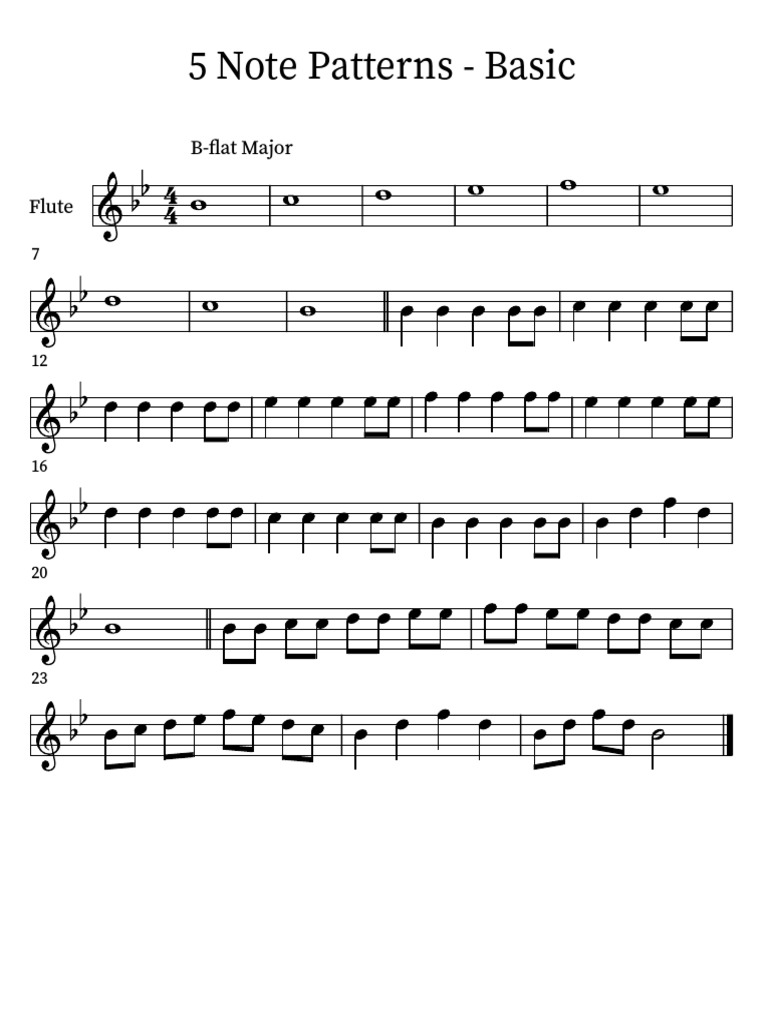 Five Note Scale Pattern Exercises in B-flat Major for Flute, Clarinet ...