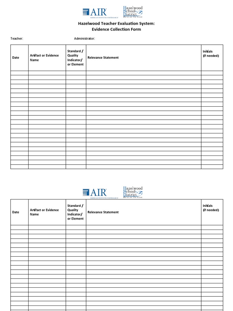 Hazelwood Teacher Evaluation System: Evidence Collection Form | PDF