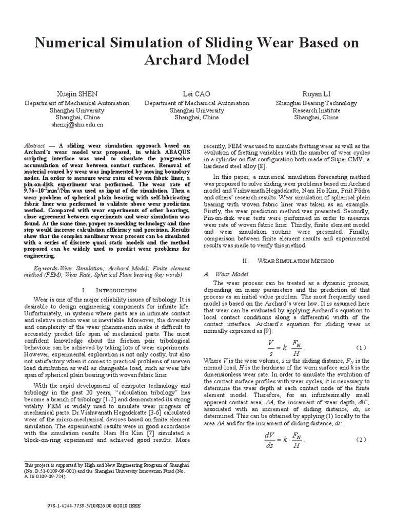 Numerical Simulation of Sliding Wear Based On Archard Model: Xuejin SHEN Lei Cao Ruyan LI | PDF ...