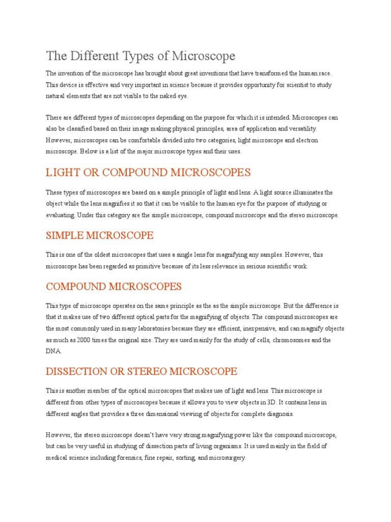 The Different Types of Microscopes | PDF | Microscope | Transmission ...