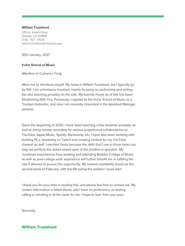 A Freelance Musician's Cover Letter Applying for an Assistant Manager ...