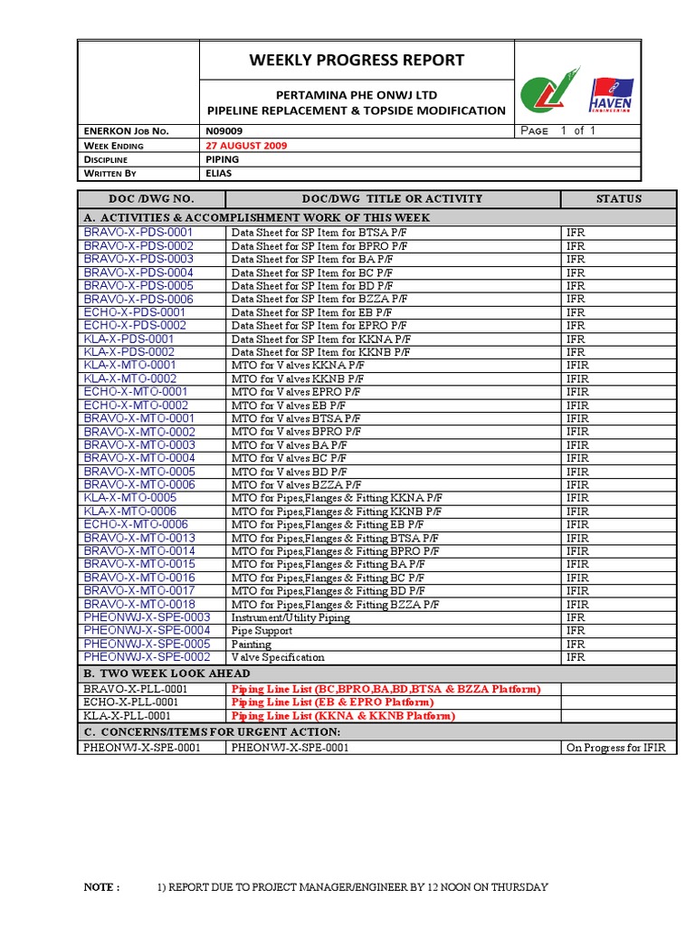 Weekly Progress Report Detailing Piping Documentation Status and ...