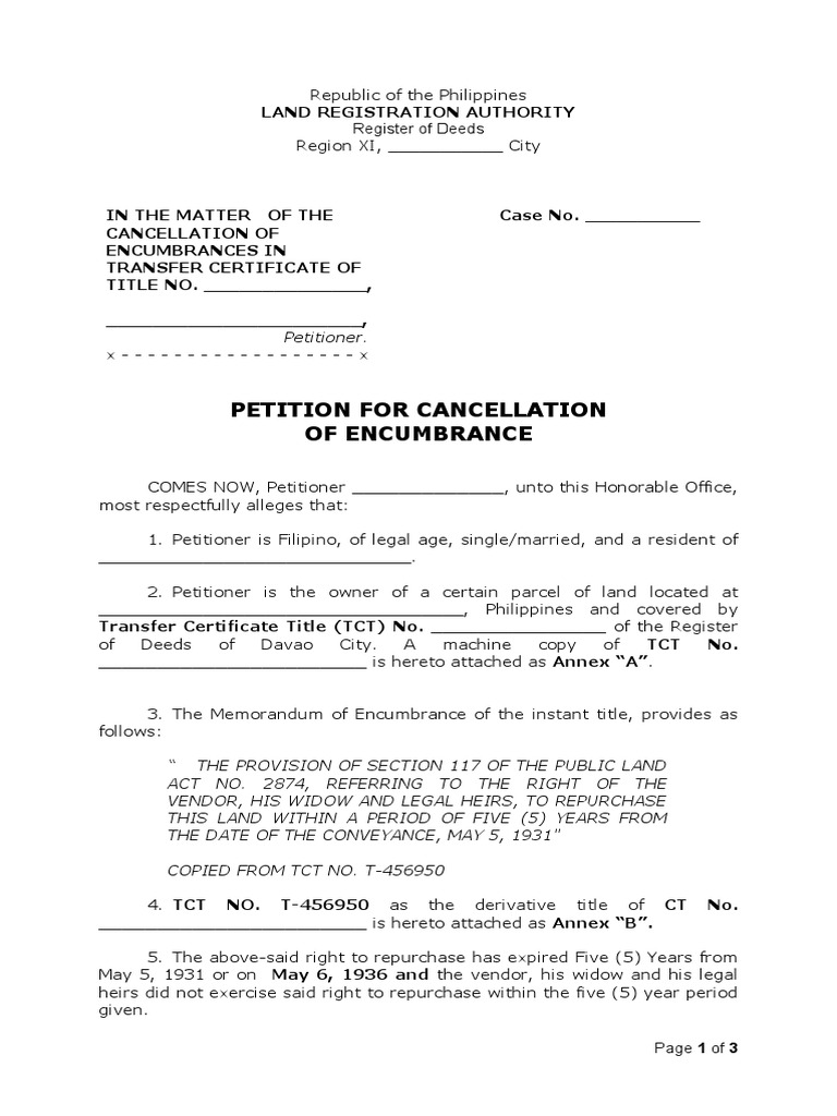 Petition For Cancellation of Encumbrance - Template | PDF | Deed ...
