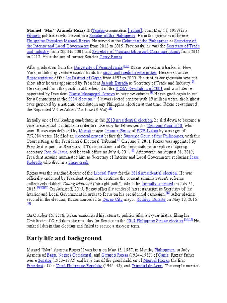 Early Life and Background: Manuel "Mar" Araneta Roxas II ( | PDF ...