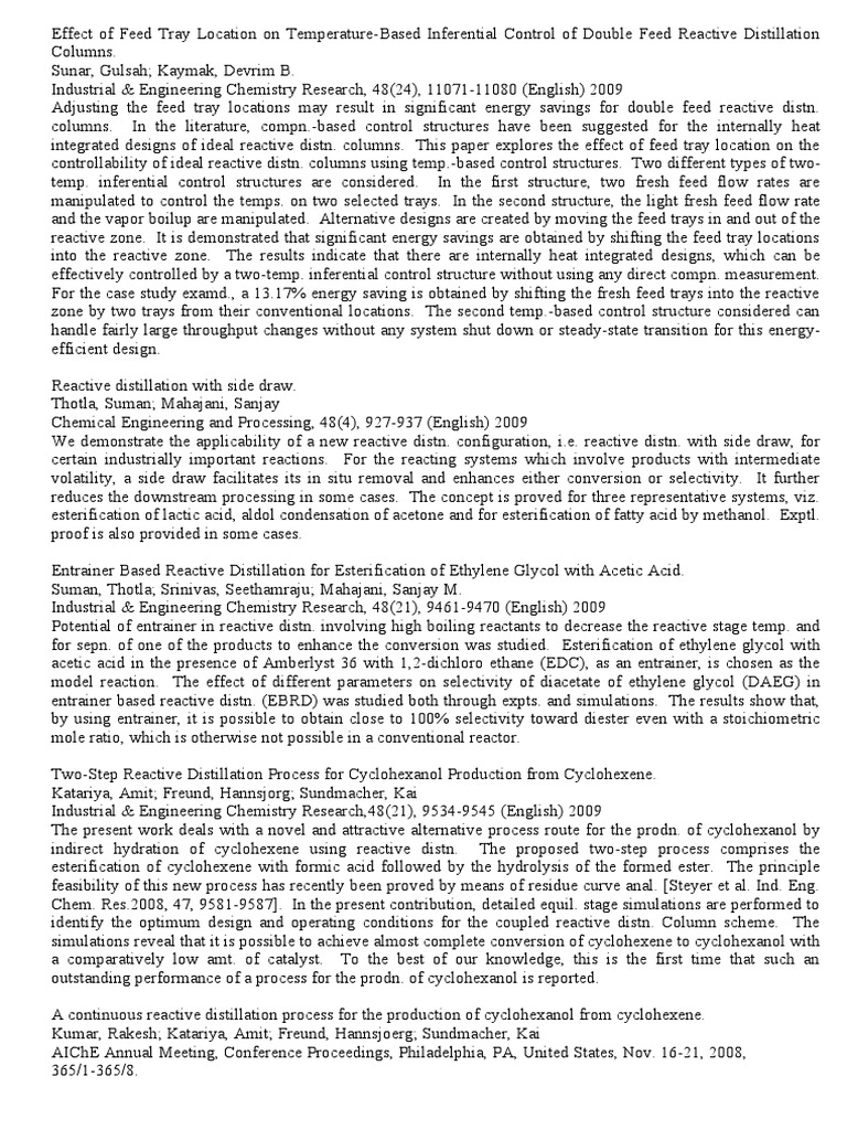 Abstracts On Reactive Distillation | PDF | Distillation | Chemical Reactor