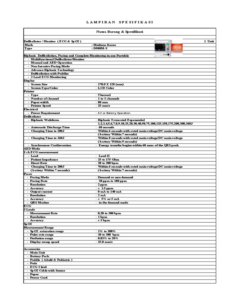Mediana D500M-S Defibrillator Specs | PDF | Electrical Engineering ...