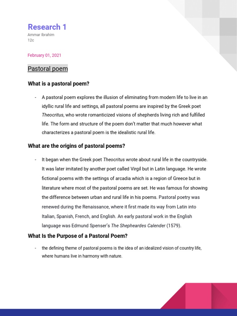 Research 1: Pastoral Poem | PDF | Sonnets | Shakespeare's Sonnets