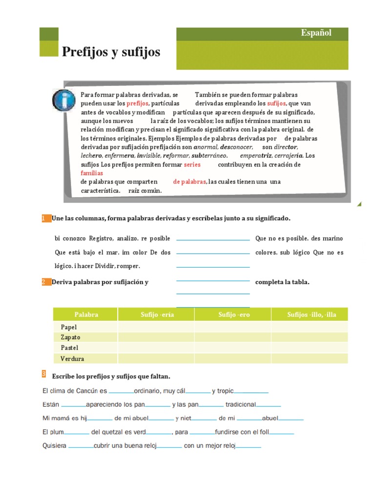 Prefijos y Sufijos en Palabras Derivadas | PDF | Artes del Lenguaje y ...