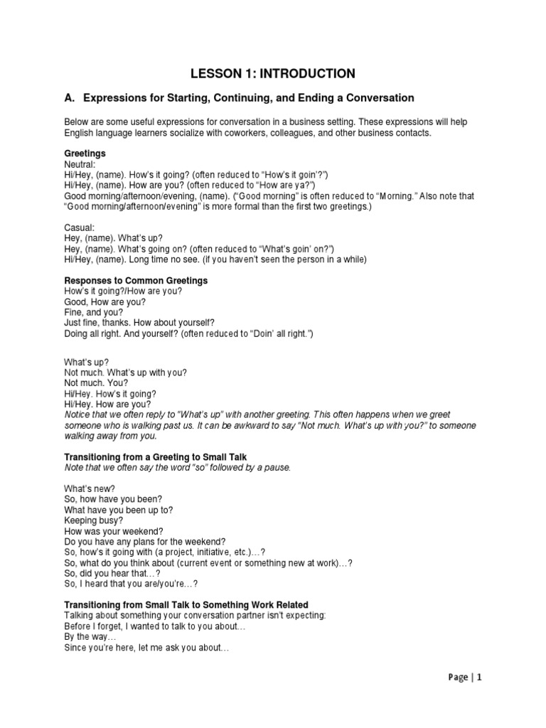 Lesson 1: Introduction: A. Expressions For Starting, Continuing, and ...
