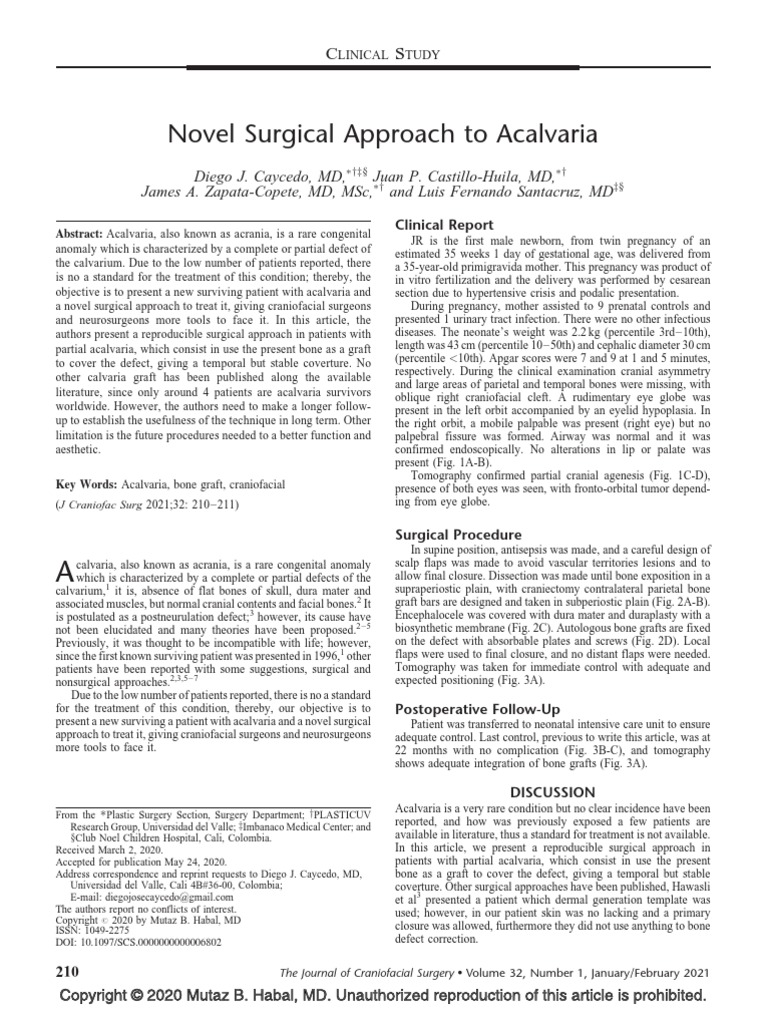 Novel Surgical Approach To Acalvaria.49 | PDF | Skull | Surgery